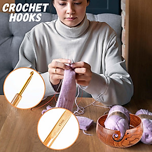 Wooden Yarn Bowl with 8Pcs Metal Crochet Hooks, Knitting Yarn Bowl with Holes Storage Handmade to Prevent Slipping, Perfect Yarn Holder Bowl for Crocheting and Knitting Mother's Day Gift 6" x 3"