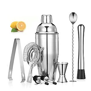 Cocktail Set 9 Piece, 25oz Bartender Kit, Bar Set with Hawthorne Strainer/Ice Tong/Measuring Jigger/Mixing Spoon/Cocktail Muddler / 2 Liquor Pourers