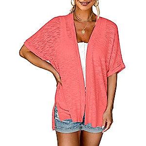 MEROKEETY Womens 2023 Summer Lightweight Cardigan Short Sleeve Open Front Casual Loose Cover Ups,Coral,XXL