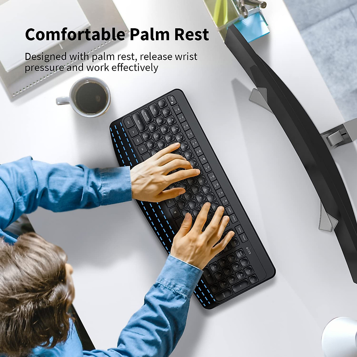 TechGround Ergonomic Wireless Keyboard, Full Size 2.4GHz Wireless Keyboard with Palm Rest for PC, Laptop, Windows - Black