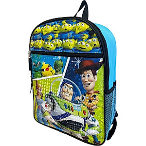Toy Story Large Backpack 5 Pc Set W/ Lunch Box, Keychain, Collapsible Water Bottle, & carabiner Metal Clip (Black-Blue)
