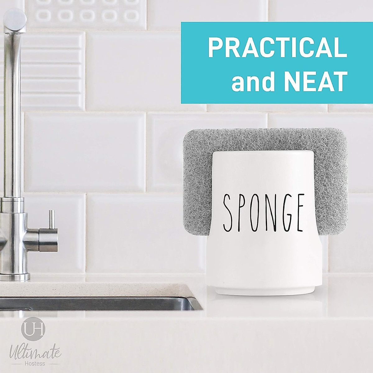 Sponge Holder - Dish Sponge Holder for Kitchen Sink with Sponge - Ceramic Kitchen Sponge Holder for Sink - Porcelain Kitchen Sink Sponge Caddy - Farmhouse Kitchen Sink Organizer for Sink Accessories