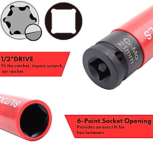 BILITOOLS 1/2 inch Drive Impact Lug Nut Socket Set, Metric 17-19 - 21 mm & SAE 13/16-7/8 inch Non-Marring Thin Wall Wheel Nut Socket