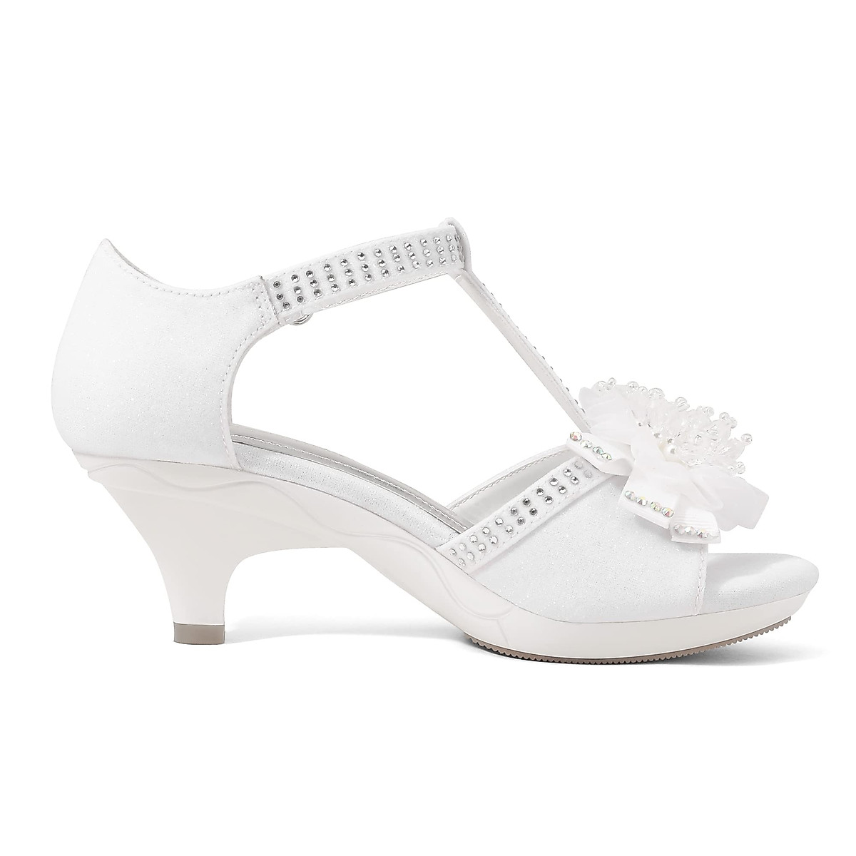 DREAM PAIRS Girls Low Heel Dress Pump Sandals Ankle T Strap Flower Shoes White Size 2 Little Kid