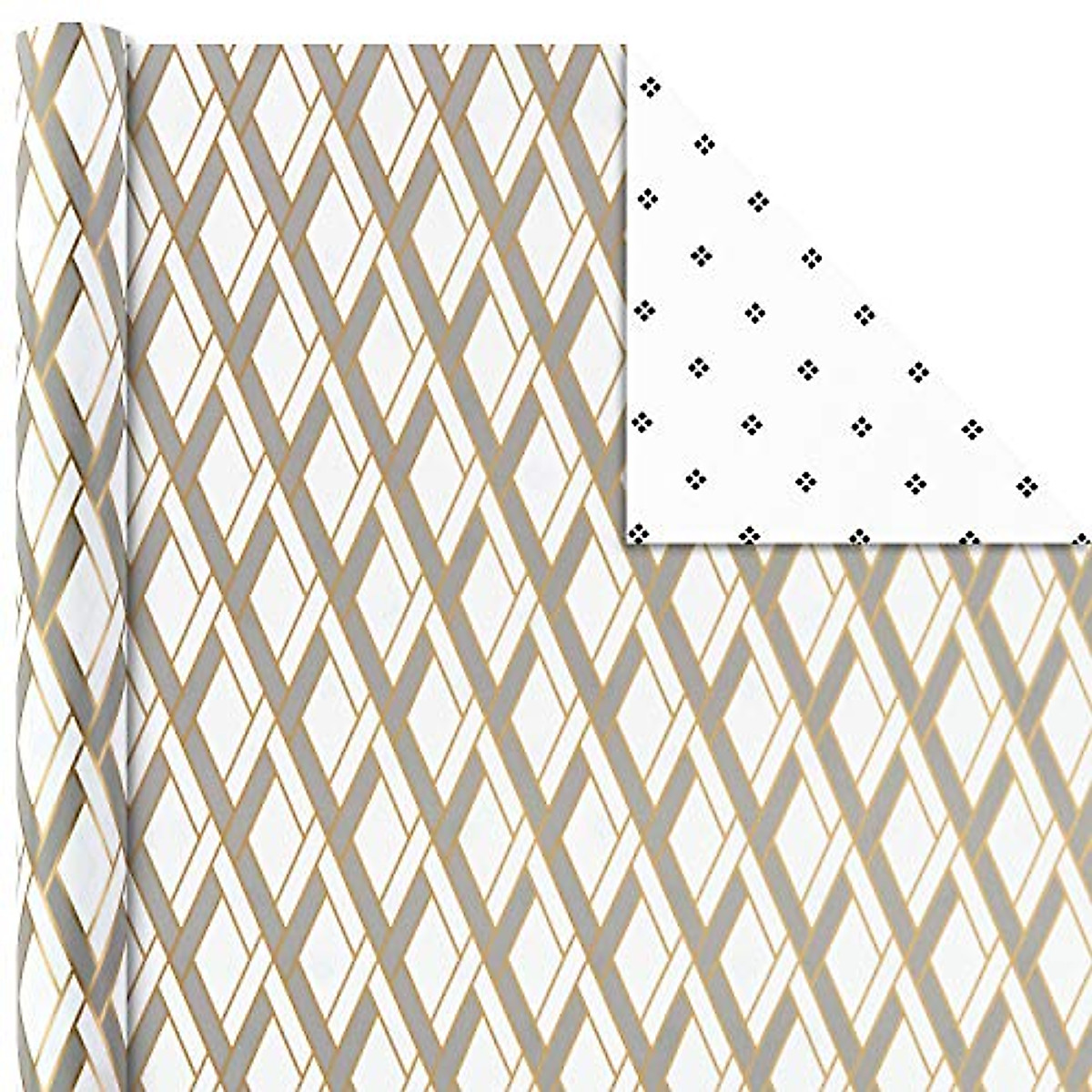 Hallmark Reversible Wrapping Paper Bundle with Ribbon & Gift Tag Stickers - Black, Gold Stripes, Plaid (3 Pack, 120 sq. ft. ttl, 30 Yds. Mini Ribbon, 36 Labels) for Graduations, Weddings, Christmas