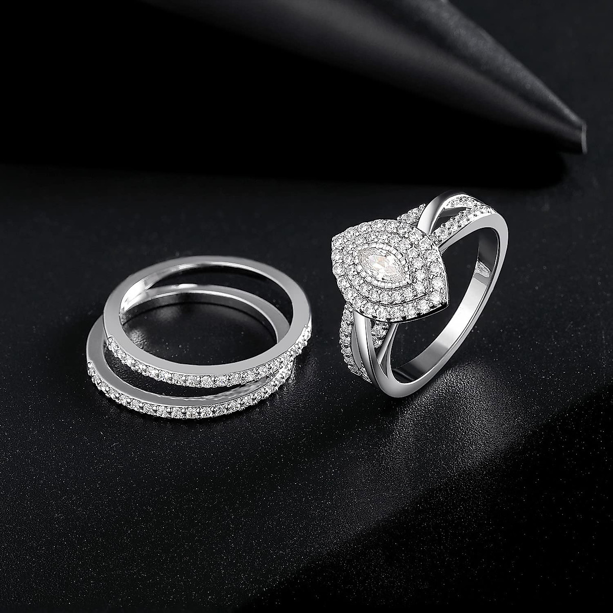 MDFUN Stackable Rings for Women 18K White Gold Plated Three-in-One Marquise Mini Halo CZ Wedding Engagement Promise Eternity Band (6)