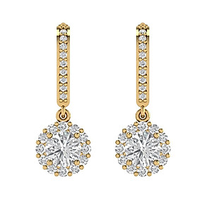 Clara Pucci 2.25 ct Brilliant Round Cut Halo Drop Dangle Clear Simulated Diamond 14k Yellow Solid Gold Earrings Lever Back