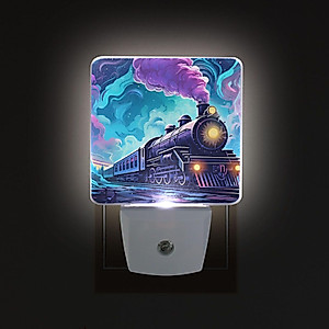 ZENWAWA Steam Train Illustration Night Light Plug into Wall Decorative Auto Dusk to Dawn Sensor LED Night Lamp 2 Pack 3×4.5×1.4 in