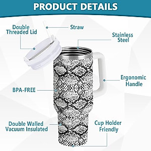 Joisal Black Snakeskin Texture Travel Tumbler Reusable Insulated Water Bottle with Handle Coffee Mug