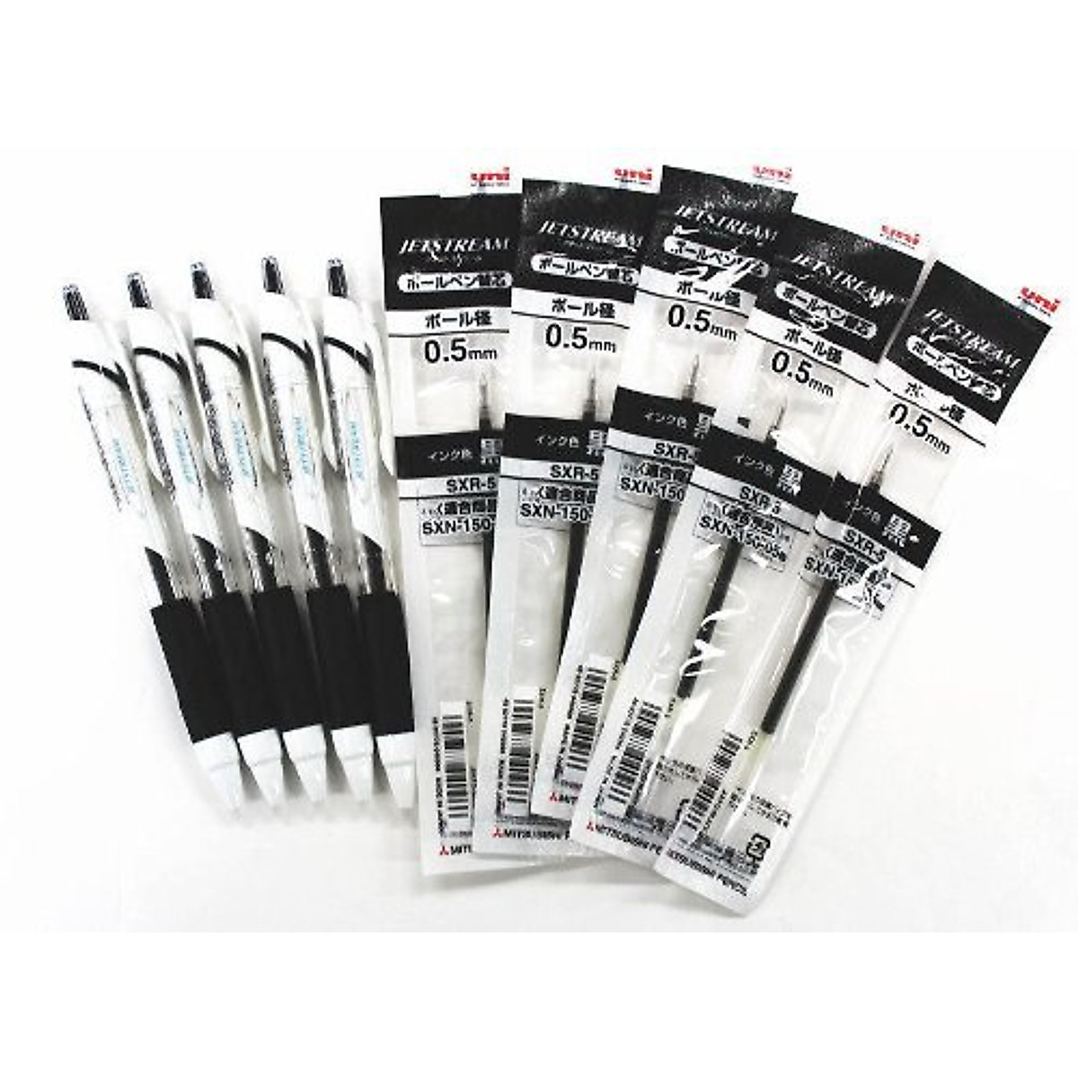 Uni-ball Jetstream Extra Fine Point Retractable Roller Ball Pens,-rubber Grip Type -0.5mm-5 Black Ink Pens + 5 Refills Value Set