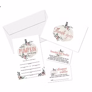 Yuansail Baby Shower Invitation Set, Fill In Invites Cards, Books for Baby, Diaper Raffle, Thank You, Pumpkin, Each Design 25 Cards & Envelopes (Total 100 Cards) – (bb004-taozhuang)
