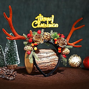 MOSTORY Handmade Christams Antler Headband - Brown Reindeer Hairband Xmas Woodland Headpiece Forest Deer Crown with Berry Pine Cone for Retro Party Renfaire Prom Cosplay Rose