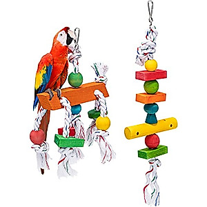 Nobleza Bird Toys, 2 Pack Parrot Chew Toys with Nature Wood Non-Toxic Safe Cotton Rope, Colorful Foraging Toys Bird Cage Accessories for Parrots, Cockatiels, Parakeets, Budgies