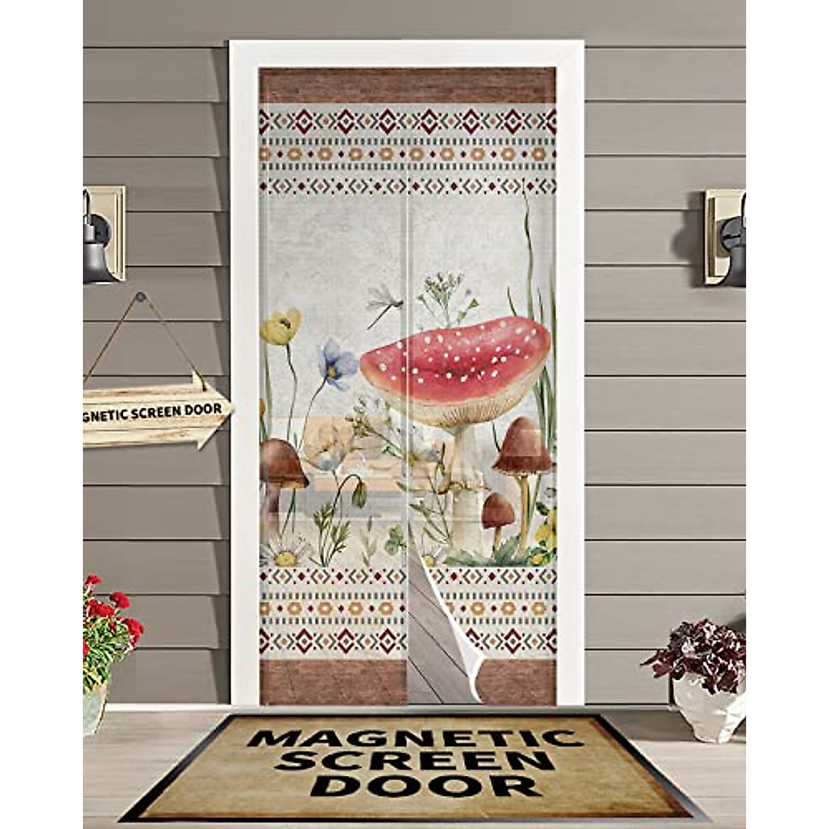 ZOE GARDEN Southwest Mushroom Magnetic Screen Door for Sliding/Single/French Doors, Self Sealing Magnets Patio Door Screen Heavy Duty Mesh Curtain, Brown Country Rustic Flower Plant Leaves