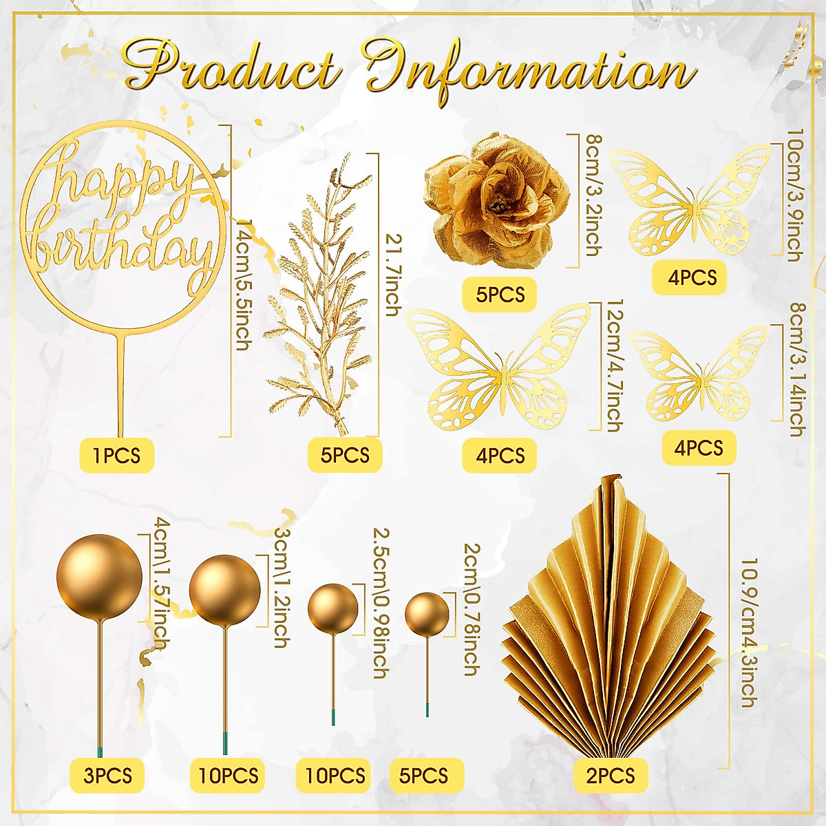 52 Pcs Flower Toppers for Cake Gold Balls Decorations Boho Topper Butterfly Birthday Wedding Baby Shower Party Decoration(Gold)