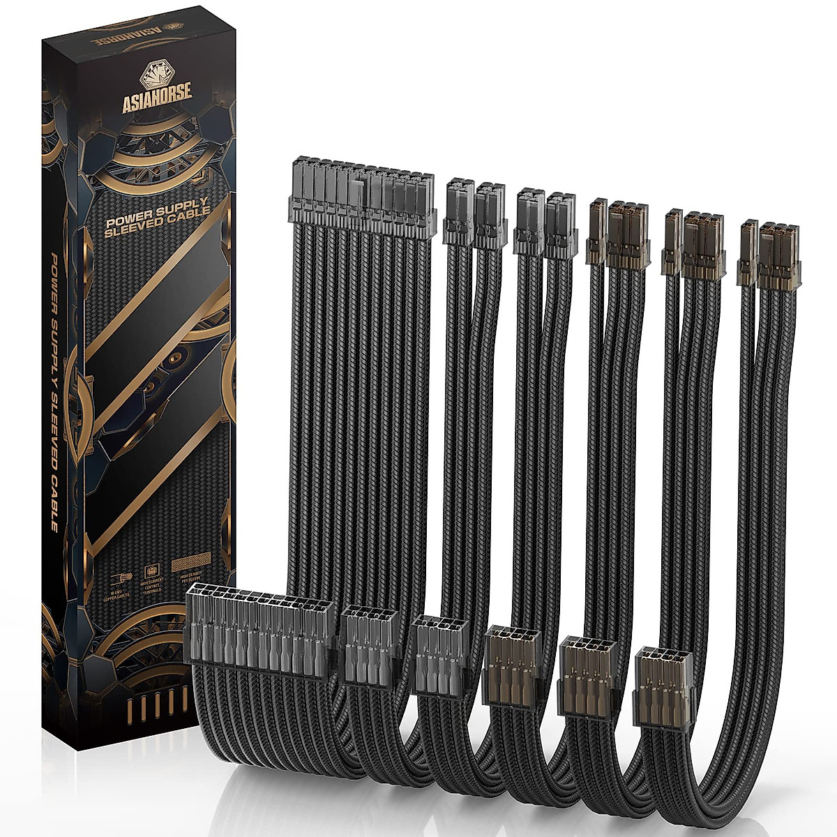 AsiaHorse PSU Cable Extension Kit, 24Pin/4+4 EPS/6+2 PCI-E 16AWG Power Supply Sleeved Cable Kit for Two-Way CPU Performance, 6kit Pro Clear Series