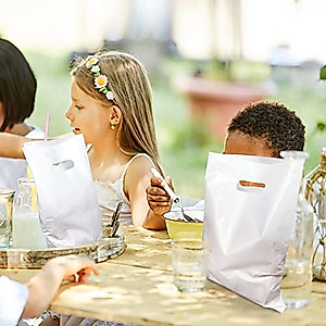 UiiWout 54PCS White Plastic Merchandise Bag with Die Cut Handle Birthday Party Favor Gifts Trade Show Shopping Candy Bag