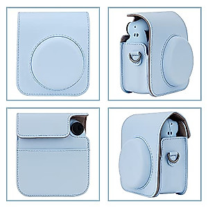 Solid color instant camera case compatible with Fujifilm Instax Mini 12 instant camera -mini 12 camera case PU leather bag with pocket and adjustable shoulder strap and 64 Pocket Album (Sky Blue)