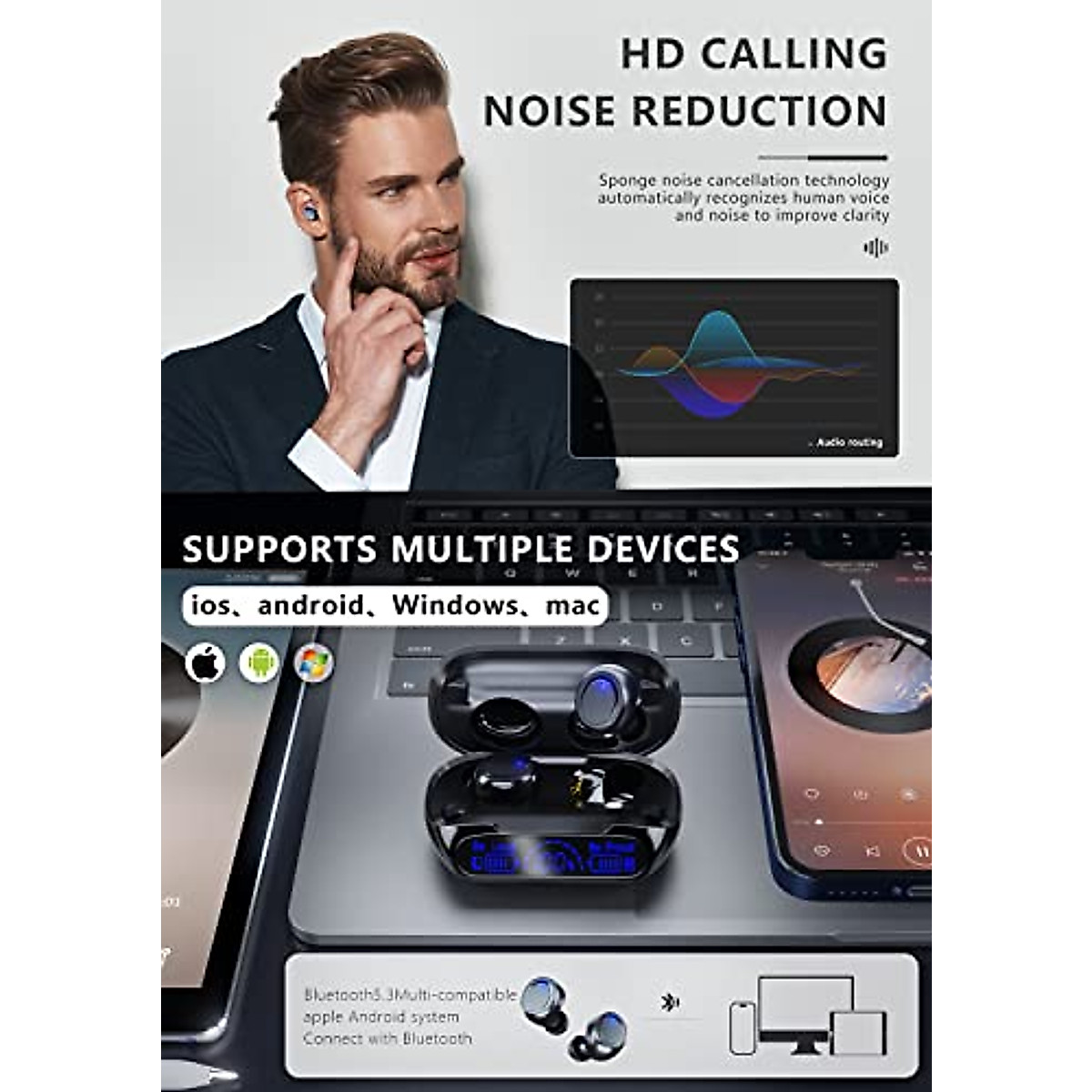 Wireless Earbuds Bluetooth 5.3 Headphones,160hrs Playback Button Control IP6 Waterproof Earphones In-Ear Power Display TWS Ear Buds with Mic and 1800mAh Charging Case Stereo Bass for Workout Sport