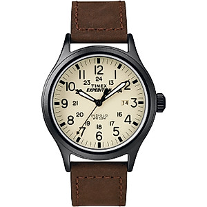 Timex Men's Expedition Scout 40mm Watch – Cream Dial Black Case & Brown Leather Strap