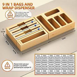 9 IN 1 Storage Bag Organizer for Kitchen Drawer, Bamboo Foil and Plastic Wrap with Cutter, Kitchen Organizers and Storage, Compatible with Gallon, Quart, Sandwich and Snack Variety Size Bag