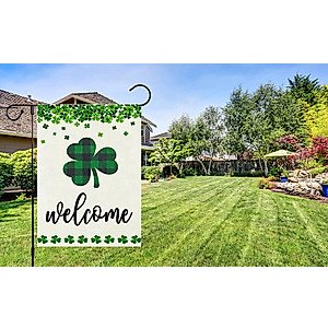 St.Patrick's Day Garden Flag Shamrock Clover Welcome Flags Double Sided Happy Saint Patty's Day Irish Small Mini Burlap Yard Flag for Outside Decoration(ONLY FLAG,12x18 Inch ) (Shamrock)