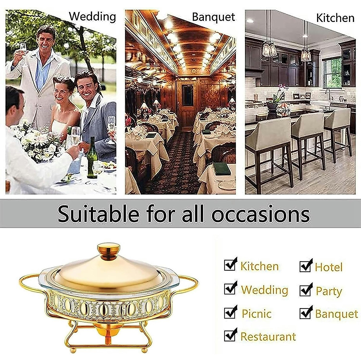 Chef Chafing Dish Buffet Set, Stainless Steel Chafer and Buffet Warmers Sets, Catering Buffet Mini Hot Pot Outdoor Picnic Household (Gold)