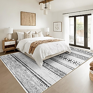 BESTSWEETIE 8x10 Area Rugs for Living Room Washable Moroccan Farmhouse Neutral Geometric Low Pile Non-Slip Soft Print Pattern Rug for Bedroom Kitchen Dining Room Entryway Grey/Black/Navy