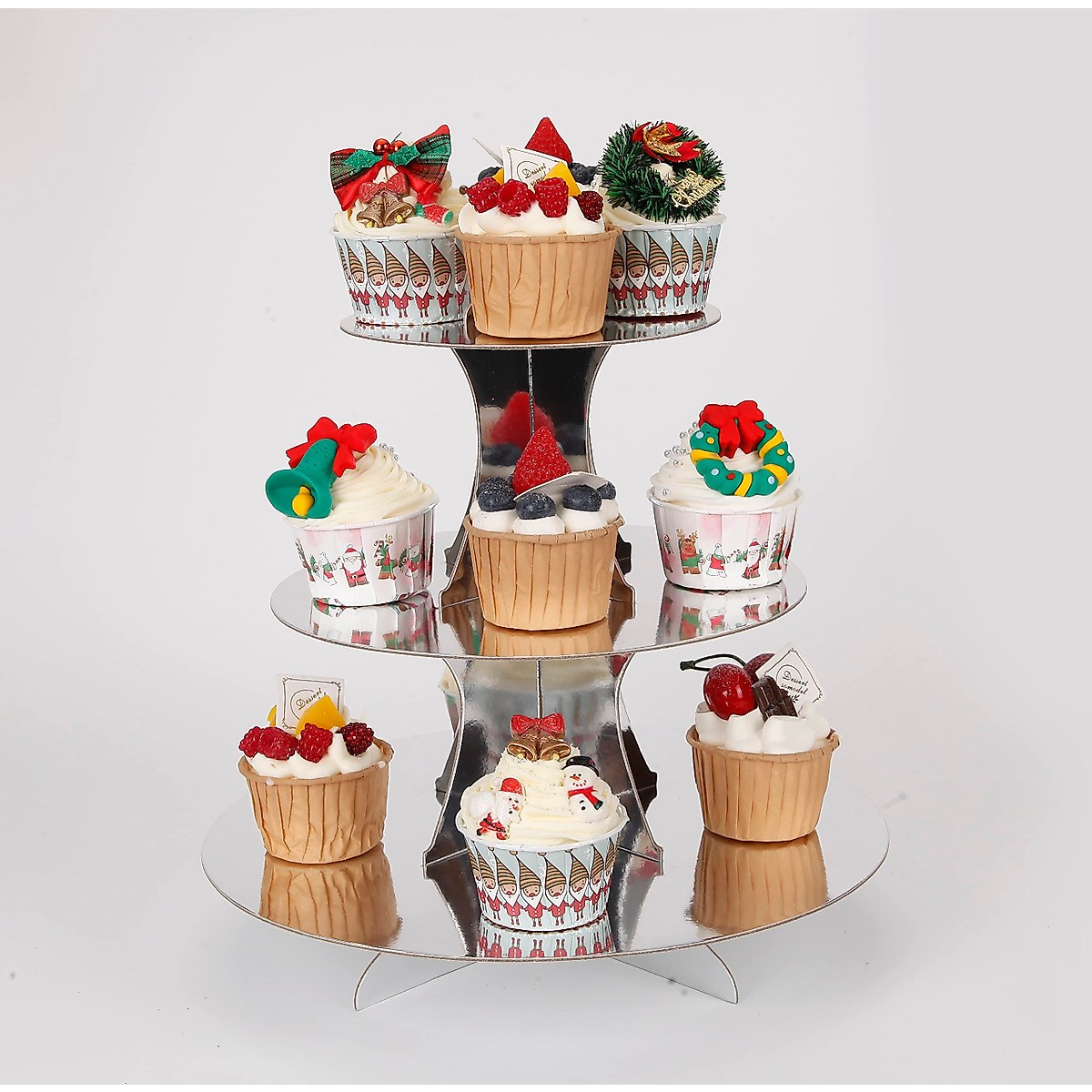 YLDW 3-Tier Cupcake Stand, Sliver Cardboard Cake Stand Holder, Tiered DIY Cupcake Stand Tower for Dessert Table Displays, Birthday Theme Party Favors Decoration, Floral Tea Party, 12" W x 12.8" H