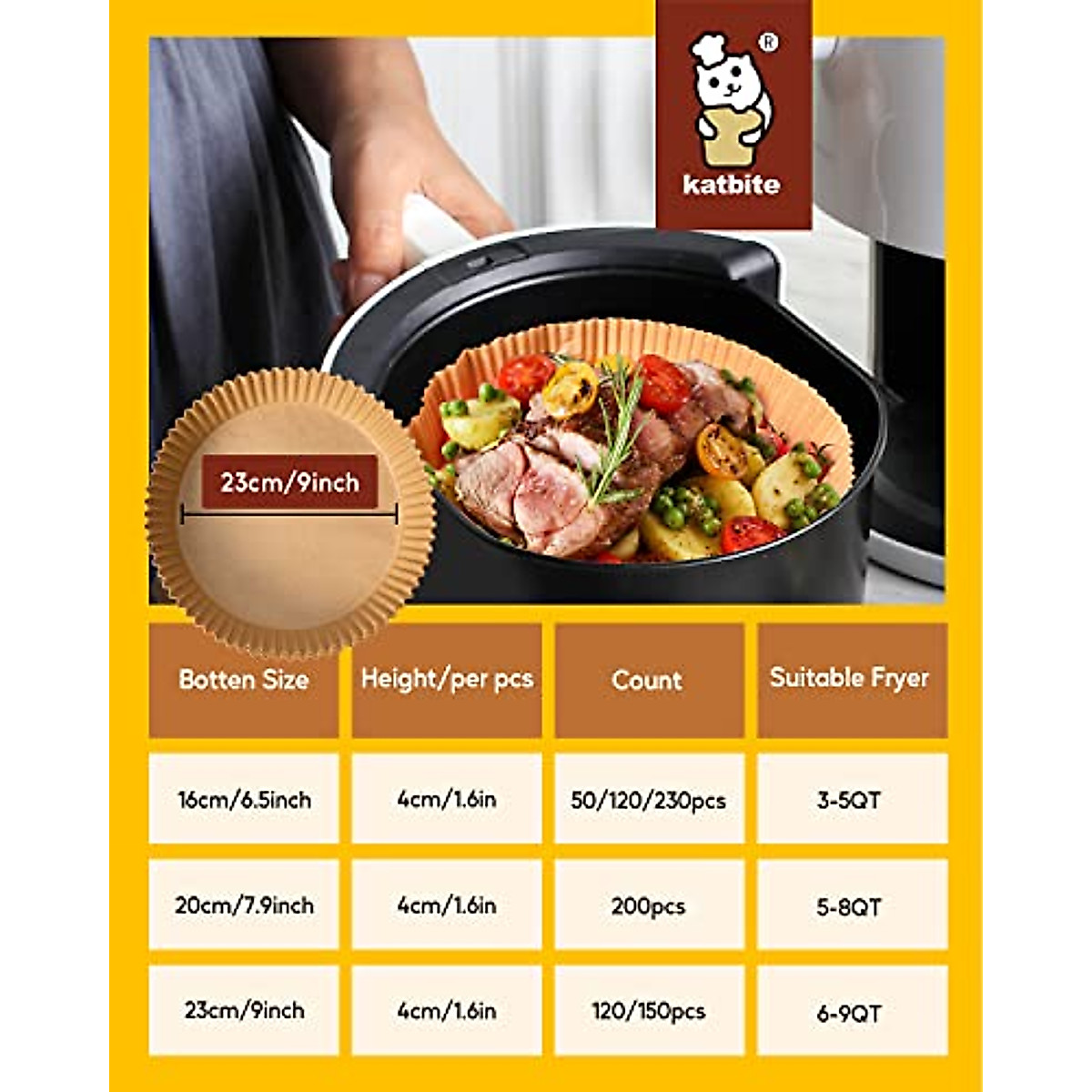 Katbite 150PCS 9 Inch Air Fryer Liners for 6-9 QT Basket, Air Fryer Disposable Paper Liner Large, Non Stick Air fryer Liner Made of Food Grade Parchment Paper