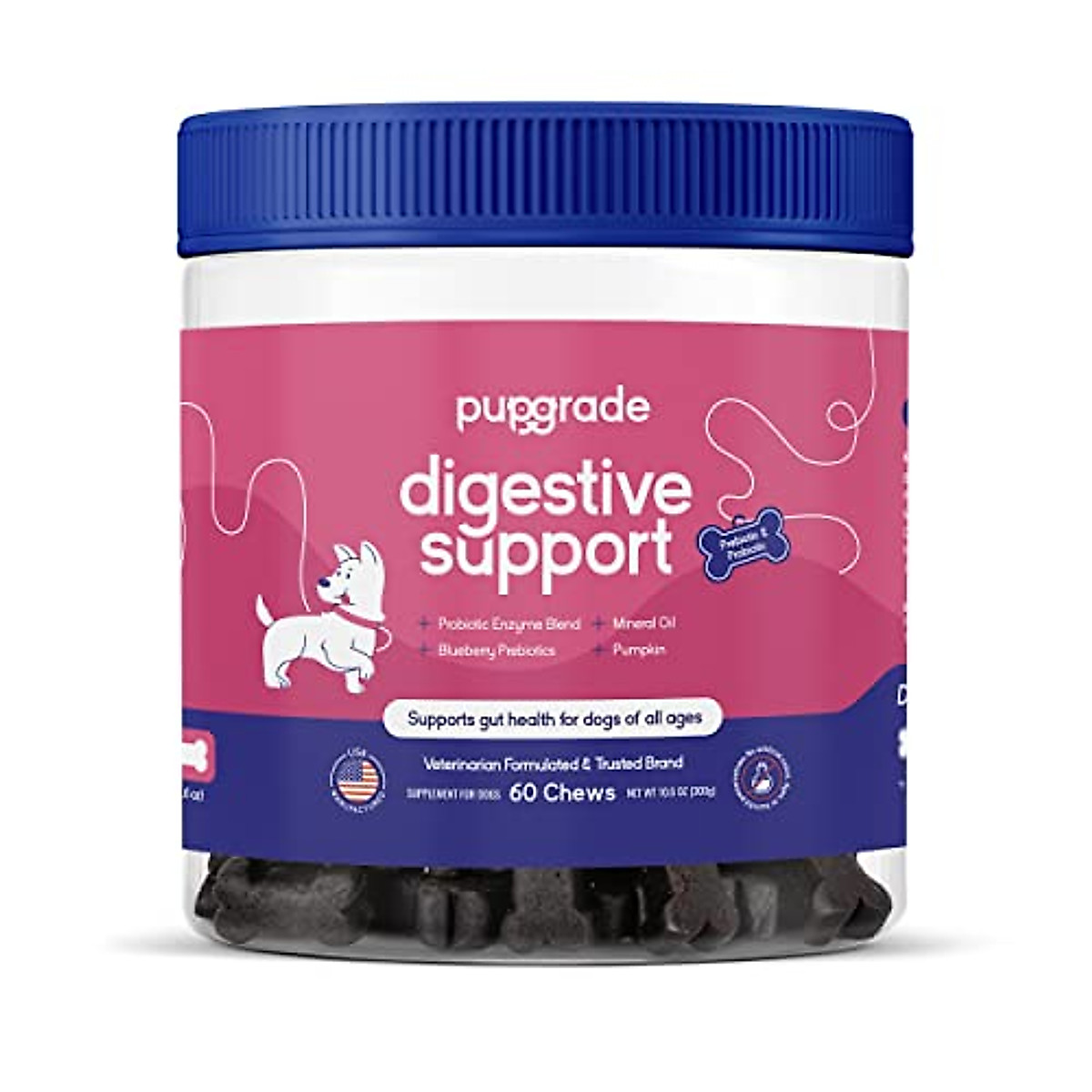 PupGrade Digestive Support Chews for Dogs - Upset Stomach, Diarrhea, Bowel, & Immune Support - Supplement with Probiotics, Prebiotics, Enzymes - Pumpkin, Blueberry, Mineral Oil - 60 Soft Chews