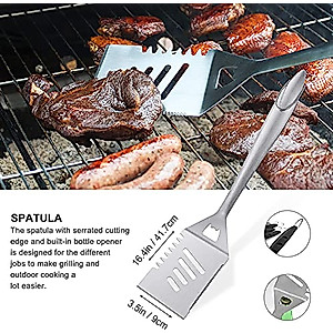 Grilljoy 10PC Extra Thick Stainless Steel Grill Tools Set, Heavy Duty Barbecue Spatula, Fork, Tongs, Skewers with Portable Bag, Deluxe Grill Utensils Set for Men Women Birthday Gift