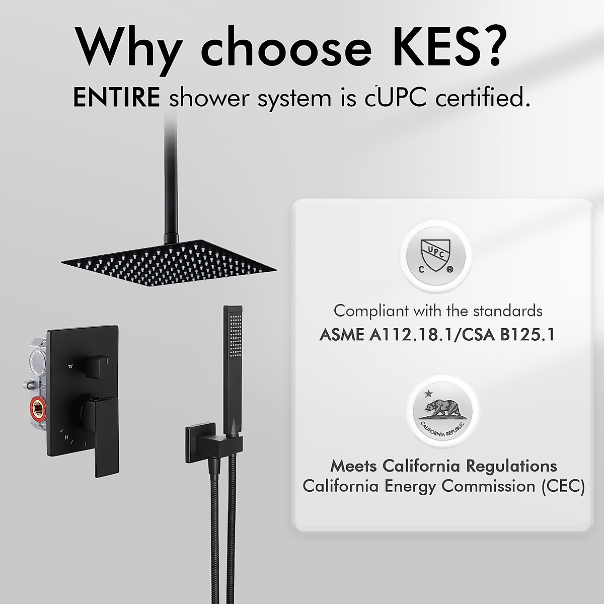 KES Ceiling Shower Head Shower System 10 Inches Rain Shower Faucet Set Shower Valve and Trim Kit Matte Black, XB6235-BK