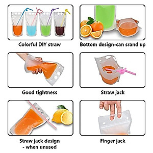 100 Pcs Zipper Plastic Pouches Drink Bags,Heavy Duty Hand-Held Translucent frosted Reclosable Stand-up Bag 2.4" Bottom Gusset with 100pcs Straws & Funnel Included