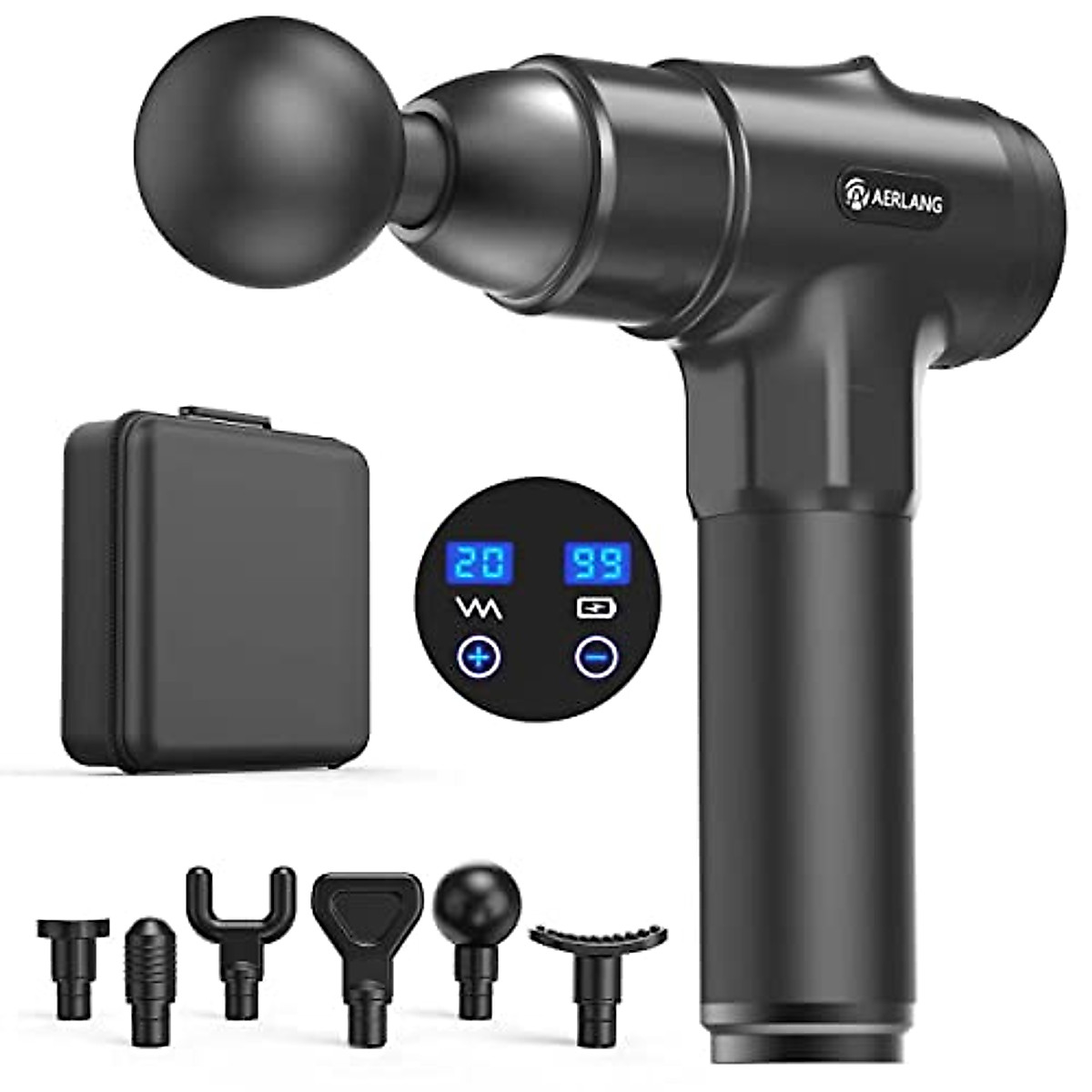 AERLANG Massage Gun, Deep Tissue Massager, Portable Muscle Massage Gun for Back Neck Muscle Relieve, Quiet Brushless Motor 20 Variable Speeds Digital Display 6 Massage Heads and Carrying Case