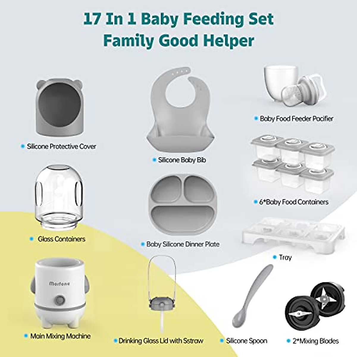 Baby Food Maker, 17 in 1 Set for Baby Food, Fruits, Meat, Baby Food Processor with Baby Food Containers, Baby Plates, Silicone Spoon, Baby Bibs, Baby Food Feeder Pacifier Baby Essentials Gift Set