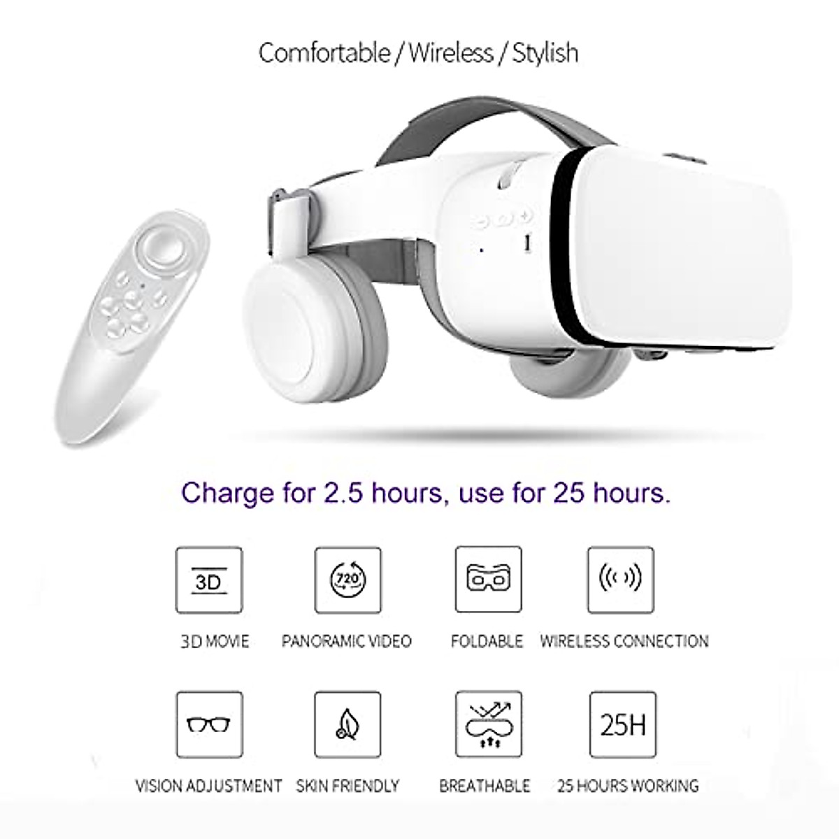 Virtual Reality Headset for Phones VR Headset VR Glasses with Controller for 3D Movies/Games Metaverse Goggles with Bluetooth Headset Compatible with All iPhone/Android Phones with 4.7"-6.3" (White)