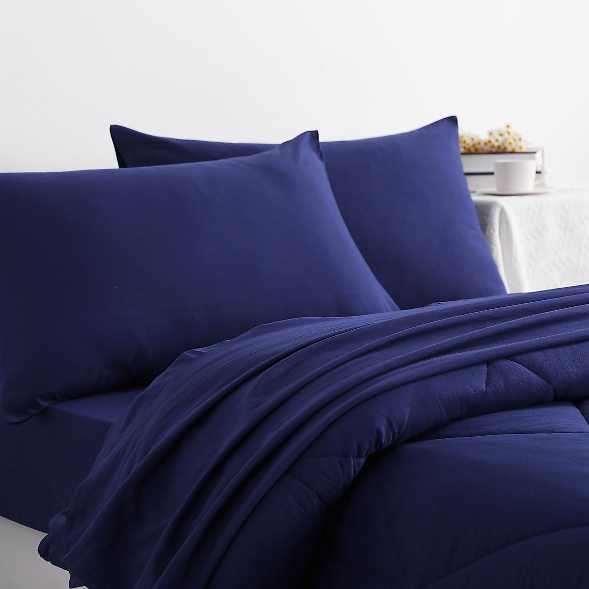 NTBAY Twin Comforter Set with Sheets, 5 Pieces Soft and Breathable Twin Bedding Set, Twin Bed in a Bag, Down Alternative Comforter Set Solid Color All Season, Kids Bedding Set, Navy Blue