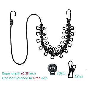 SFOCFWH Portable Elastic Clothesline, Outdoor Retractable Clothesline, with 12 Clothespins and 13 Spring Buckles, Suitable for Home, Travel, and Camping Accessories (Black)