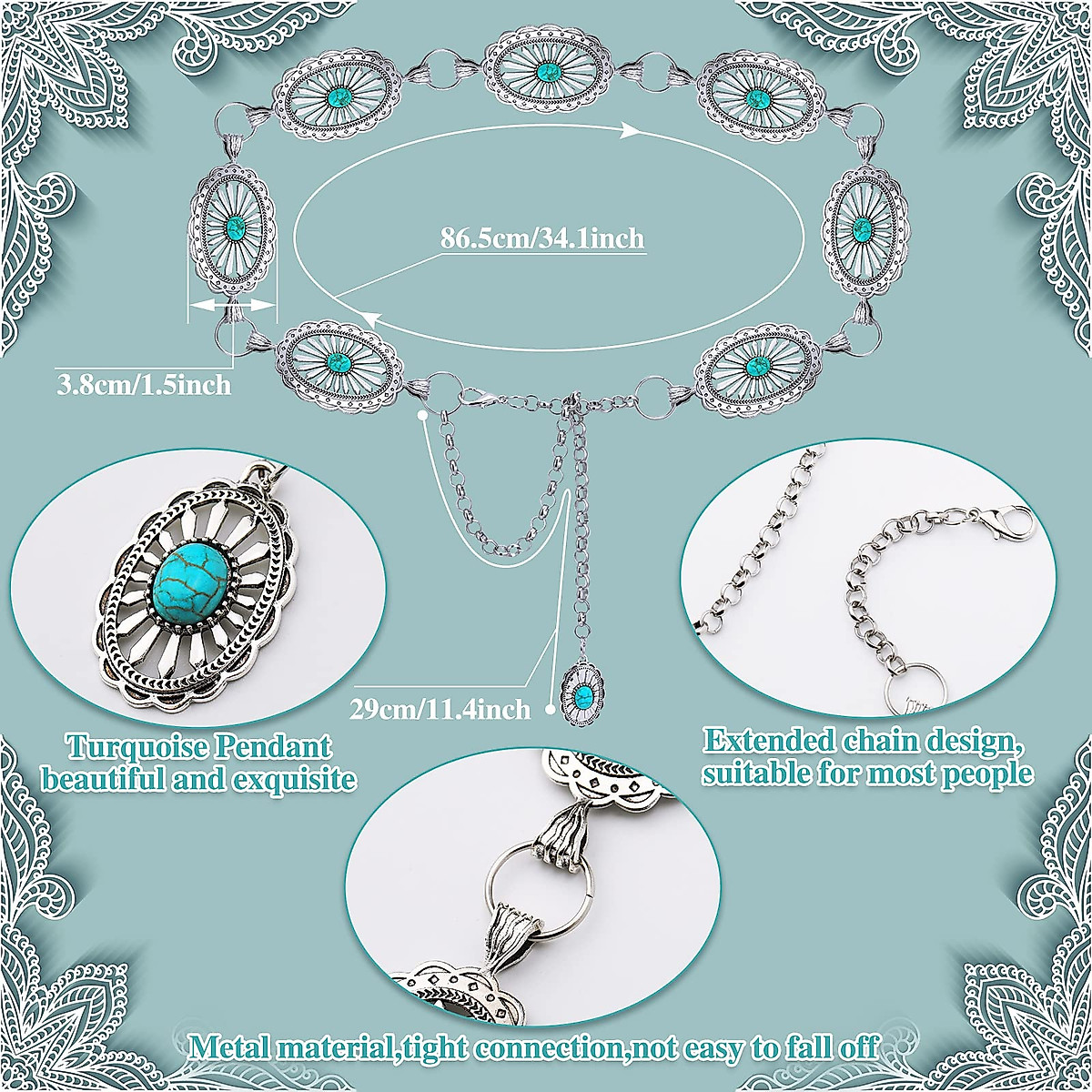 Kigeli 2 Pcs Women Western Belt Flower Turquoise Chain Belt Adjustable Waist Belts Turquoise Belt Silver Metal Western Belts(Classic Style)