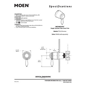 Moen TS5104BL Weymouth Volume Control Trim Kit, Valve Required, Matte Black