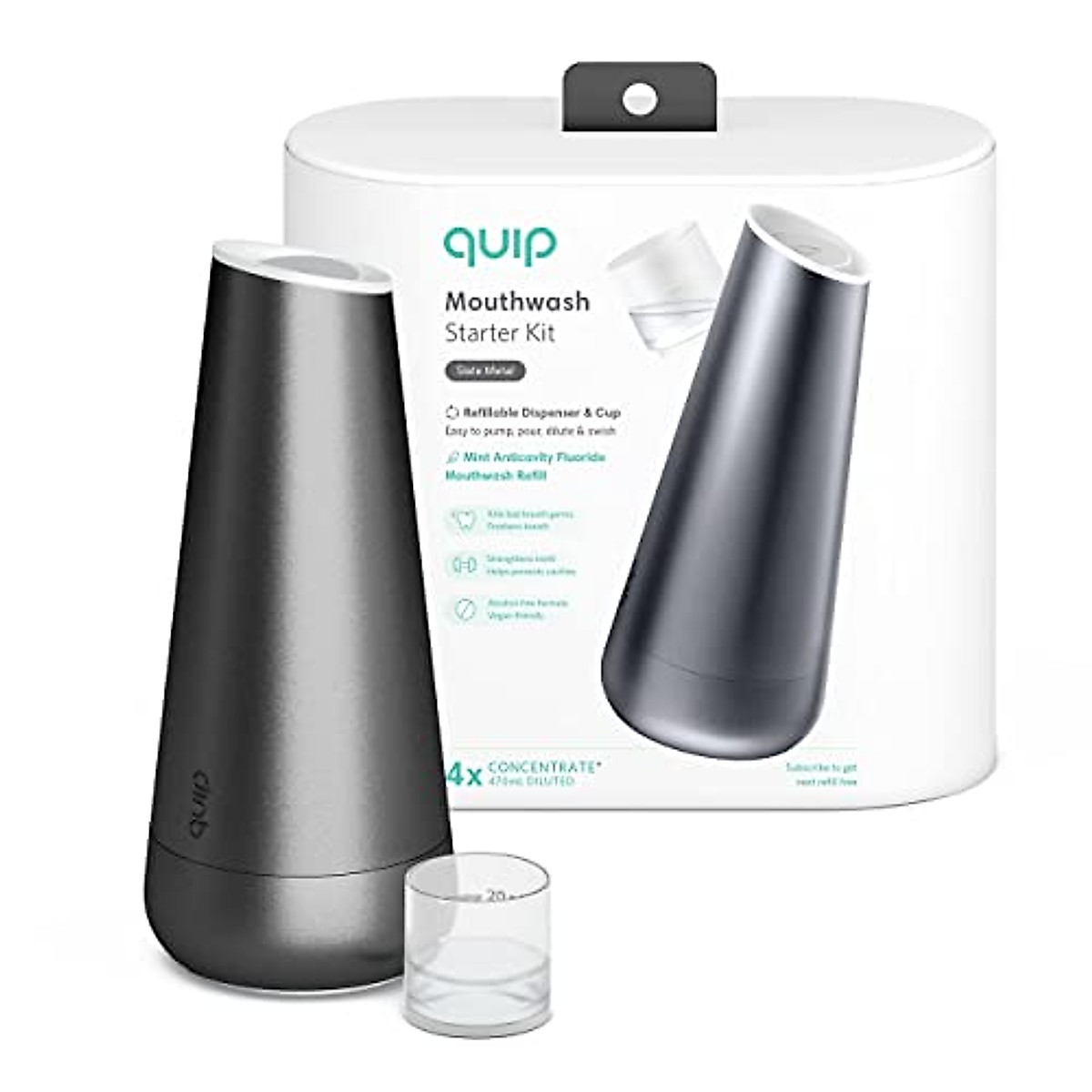 Quip Refillable Mouthwash Starter Kit, 4X Concentrate, Alcohol-Free, Kills Bad Breath Germs, Helps Prevent Cavities, Mint - Slate Metal, 1, 4.0 Fl Oz (920-00117)