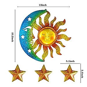 Sun Moon Star Wall Art Sculpture Decor - 4 PCS Large Metal Sun and Moon Wall Art Outdoor Sun Moon Wall Hanging Decor Artistic Sun Face Decor with Star Decors, Metal Wall Sculpture for Home Garden Patio Porch Fence Decoration
