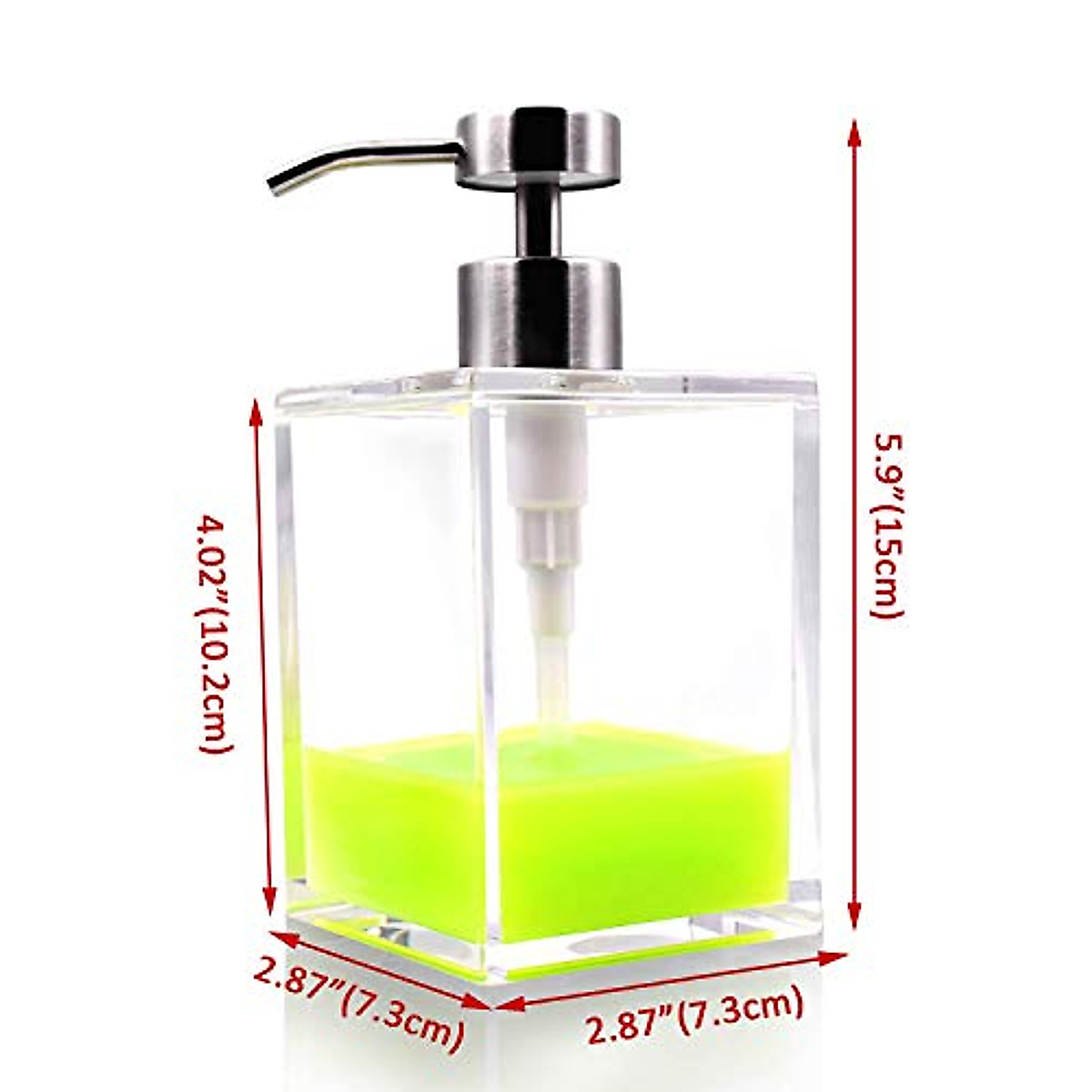 HONJAN Clear Acrylic Soap Dispenser, 13.5 oz Square Lucite Soap Dispenser with Pump (Brushed Nickel) Refillable Hand Soap Liquid Soap Dish Soap