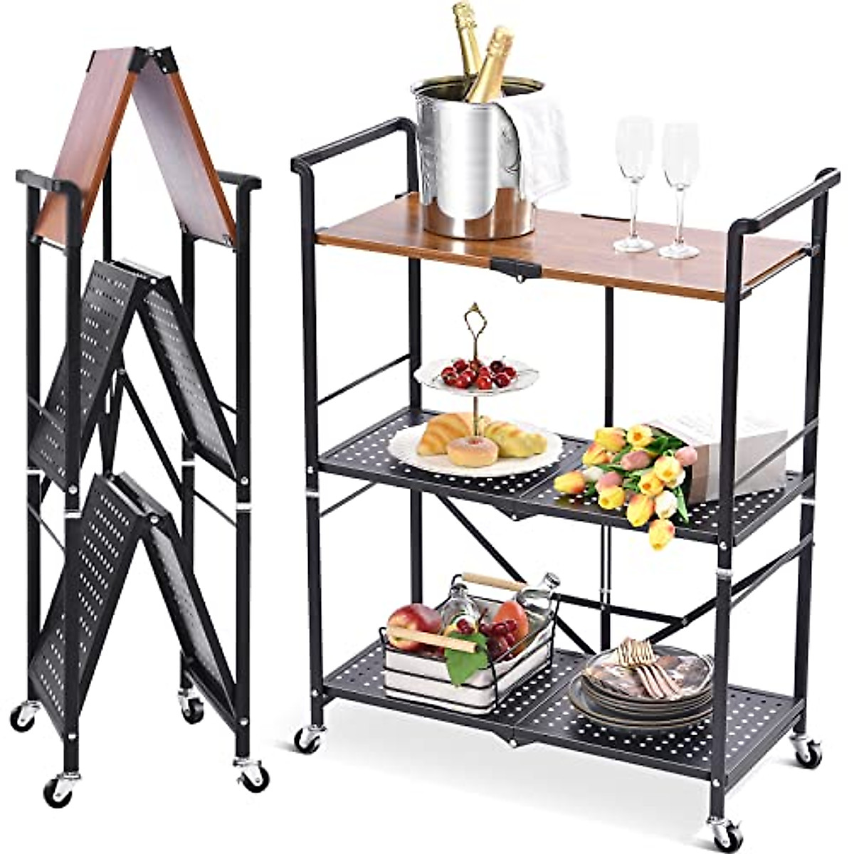 TOOLF 3-Shelf Foldable Storage Shelves with Wheels, Large Capacity Shelving Unit, Freestanding Metal Wire Shelf Rack, Organizer Rack for Garage Kitchen, Basement, Pantry, 1 Piece, Black