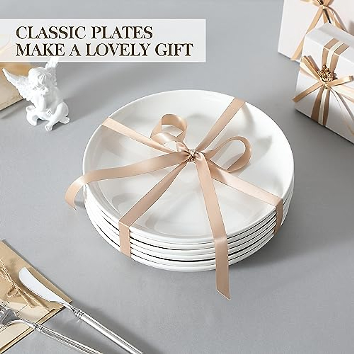 MALACASA 10.5 Inch Dinner Plates Set of 6, Porcelain Round Dessert Plates, Serving Plates, Salad Plates Set, Microwave & Dishwasher Safe, White, Series REG