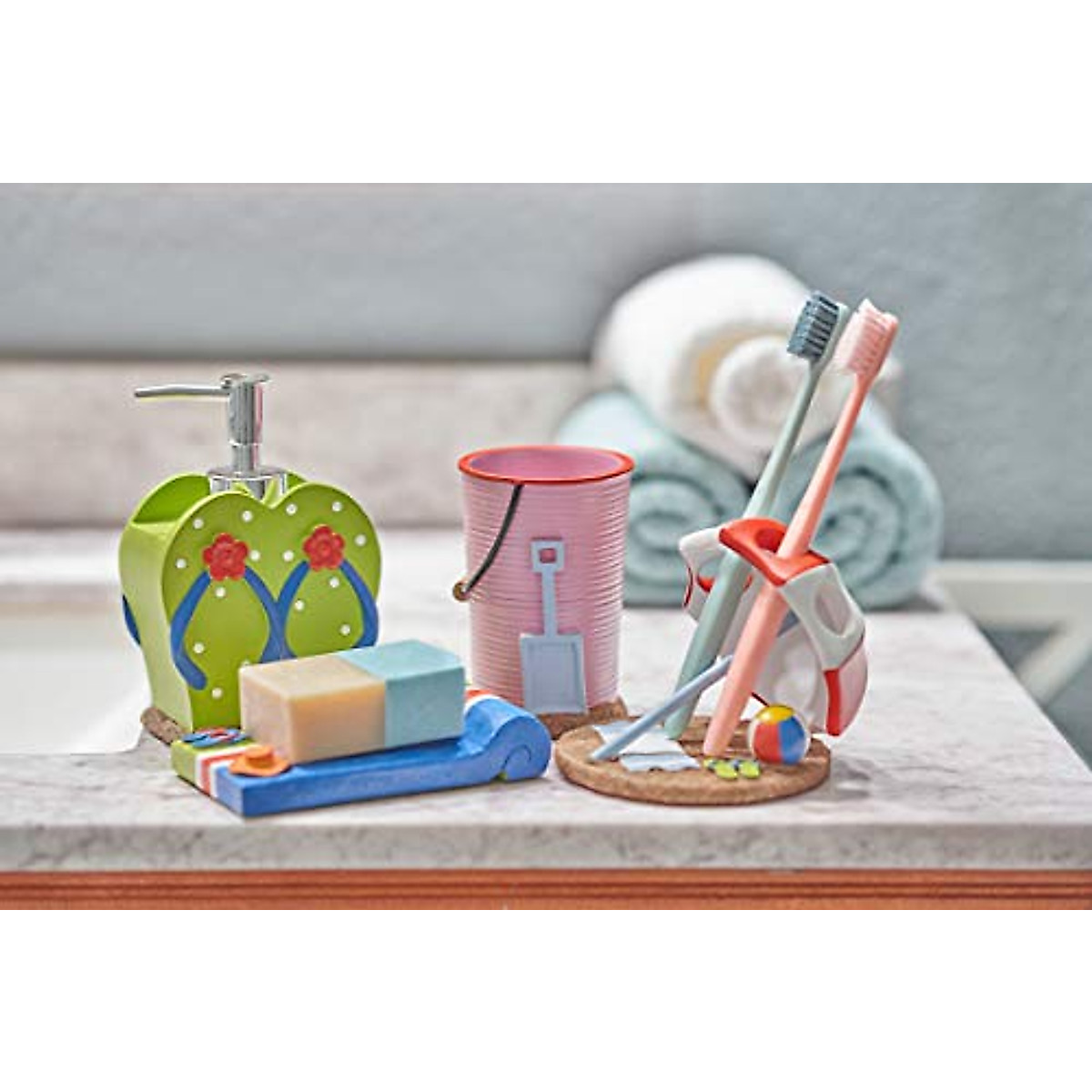 Smilewares Fun Beach Theme Bath Accessories Set (4-Piece) Includes soap Dispenser, Tumbler, Holder and Dish.