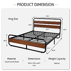 SHA CERLIN King Size Platform Bed Frame with Wooden Headboard and Footboard, Heavy Duty Metal Bed Frame with 10" Under-Bed Storage, Noise-Free, No Box Spring Needed, Walnut