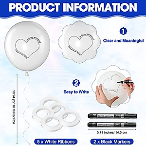 100 Pcs Memorial Balloons 12'' White Funeral Balloons 5 Roll White Ribbons 2 Black Markers Personalized Memorial Balloons to Release in Sky Remembrance Latex Balloon for Condolence Celebrate of Life