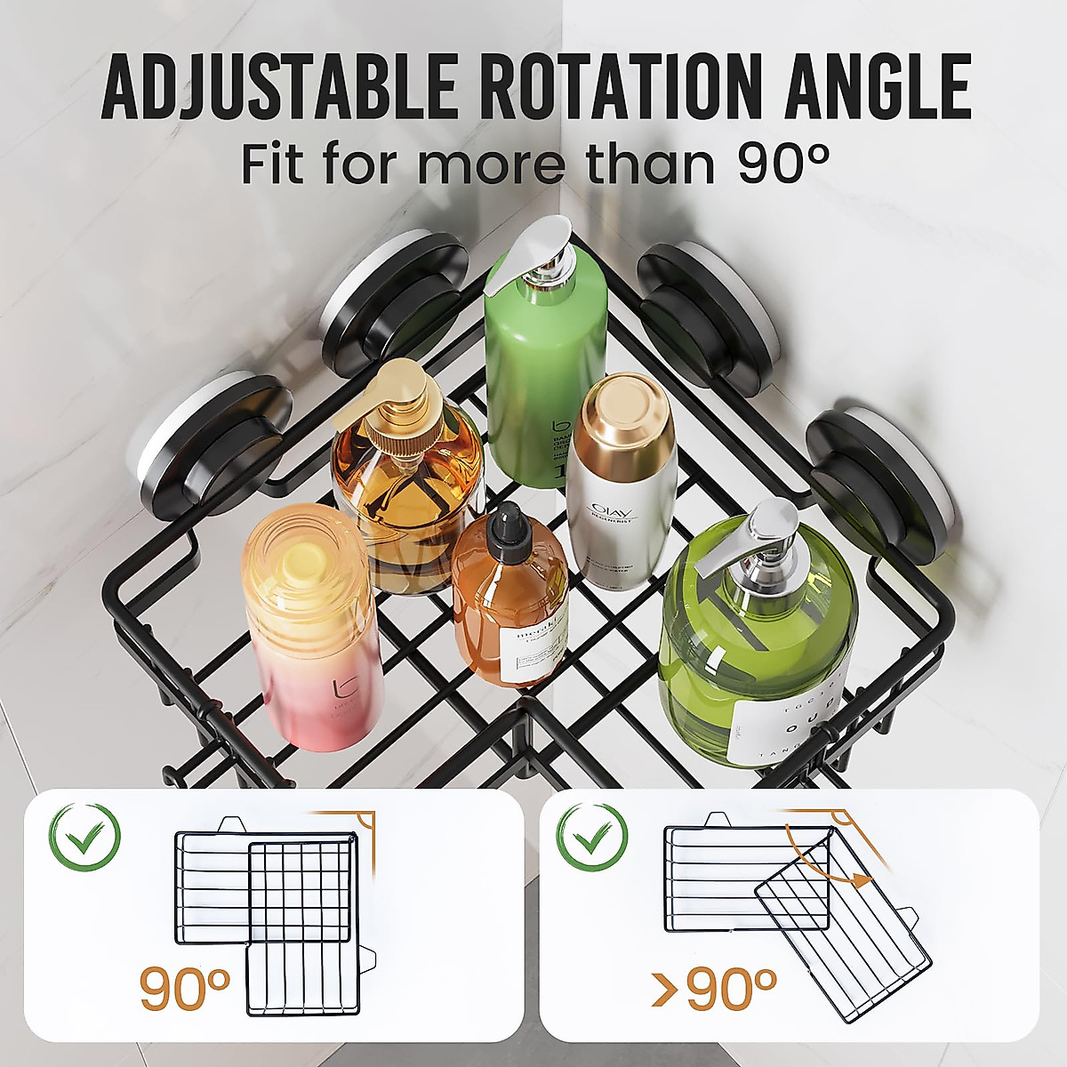 LEVERLOC Angle-adaptive Suction Cup Shower Caddy with Hooks, Heavy Duty Stainless Steel Shower Basket Organizer for Bathroom, Drill-Free Removable Rustproof Shower Rack, Black, 2 Pack